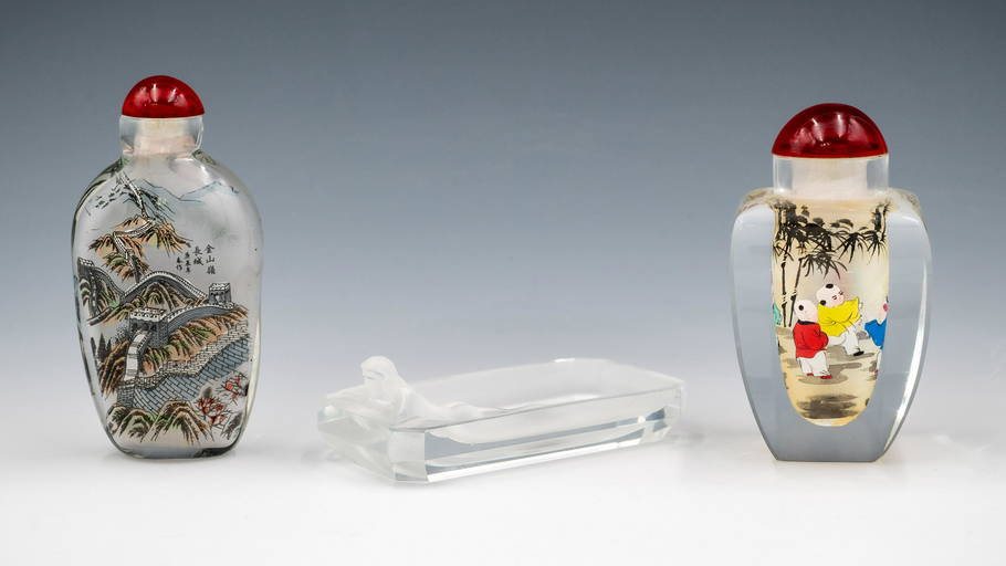 Lot Of Snuff Bottles And Figural Tray.