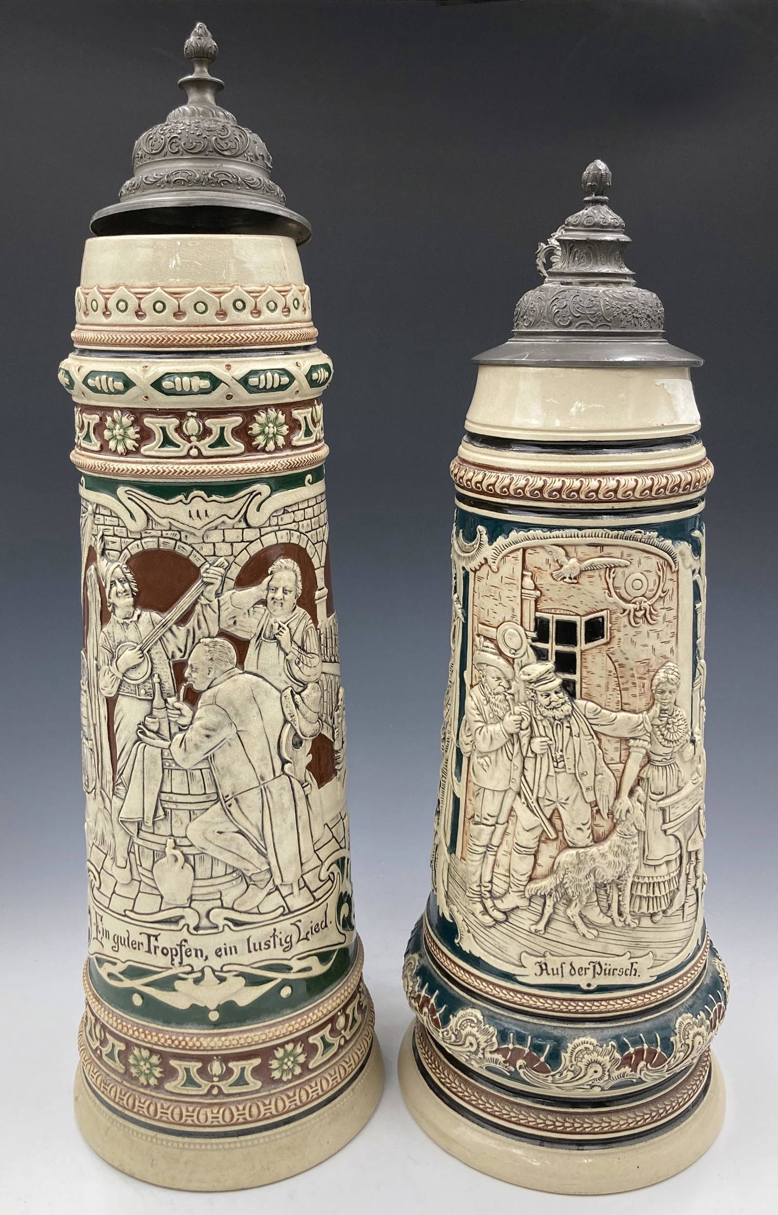 Pr. Of Large Antique German Beer Steins. Auction