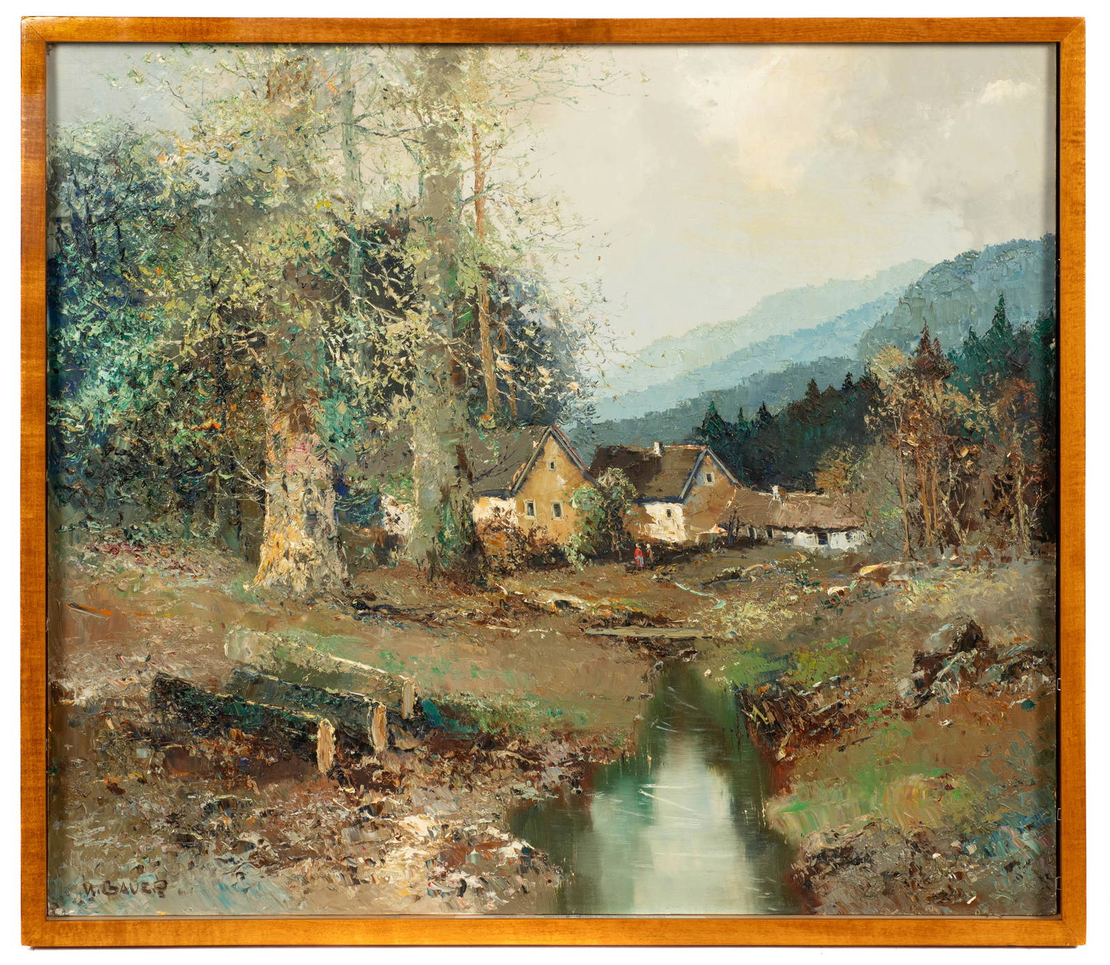 Willi Bauer Painting Of House And Lake. Auction
