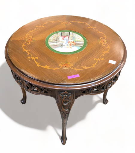 French Round Table W/ Porcelain Inserts.