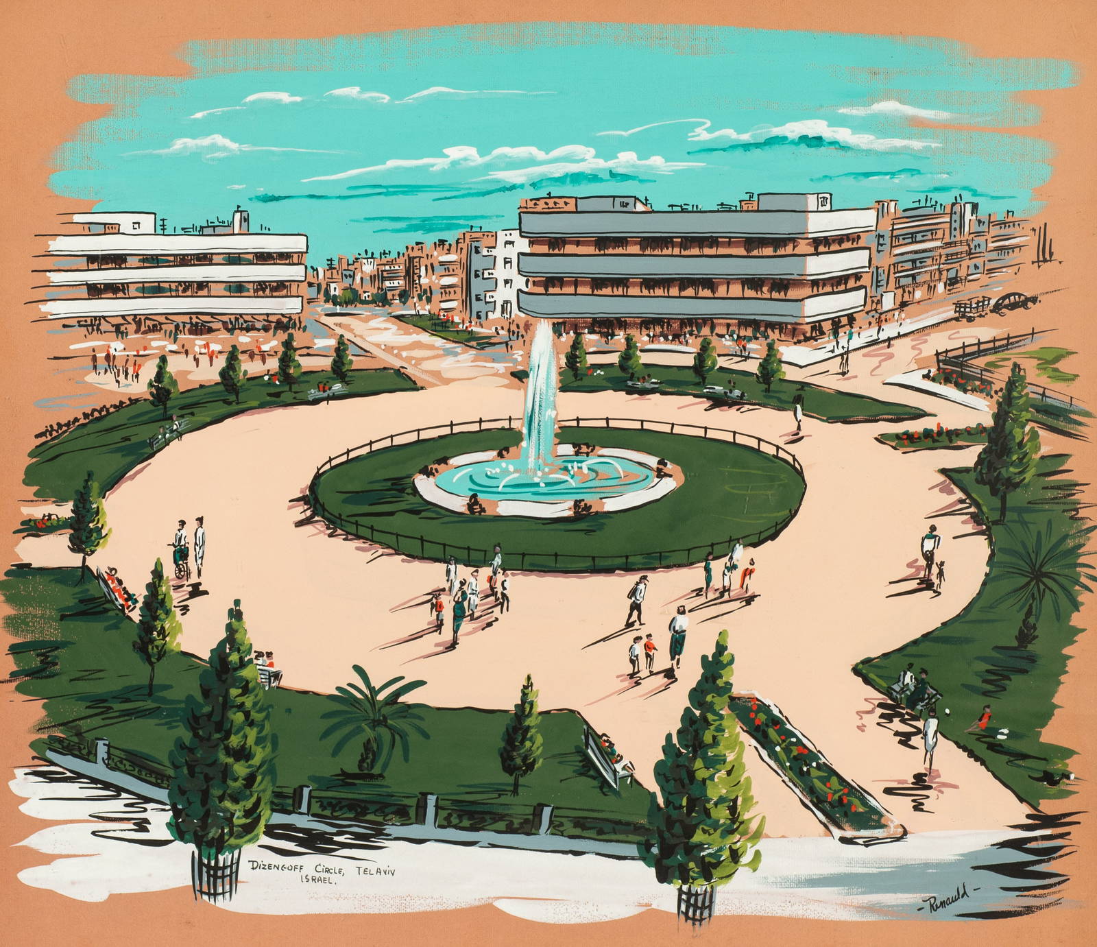 Sgd. Painting Of Dizengoff Circle, Renauld. Auction