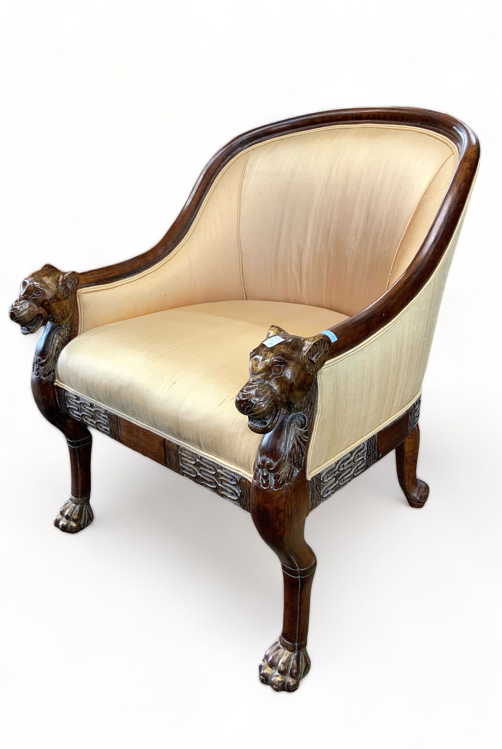 Upholstered & Carved Lion Head Armchair. Auction