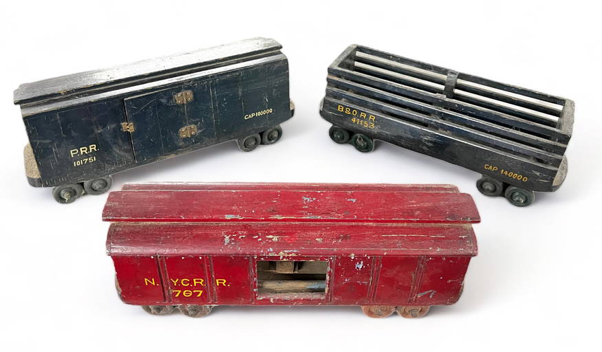 Lot Of 3 Primitive Folk Art Wooden Trains.