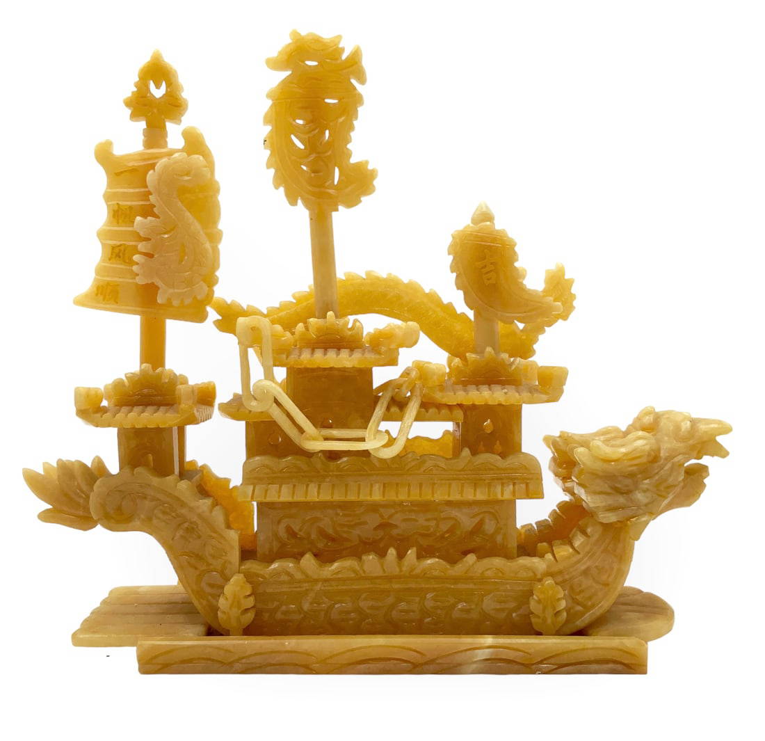 Large Chinese Soapstone Carved Dragon Boat. Auction
