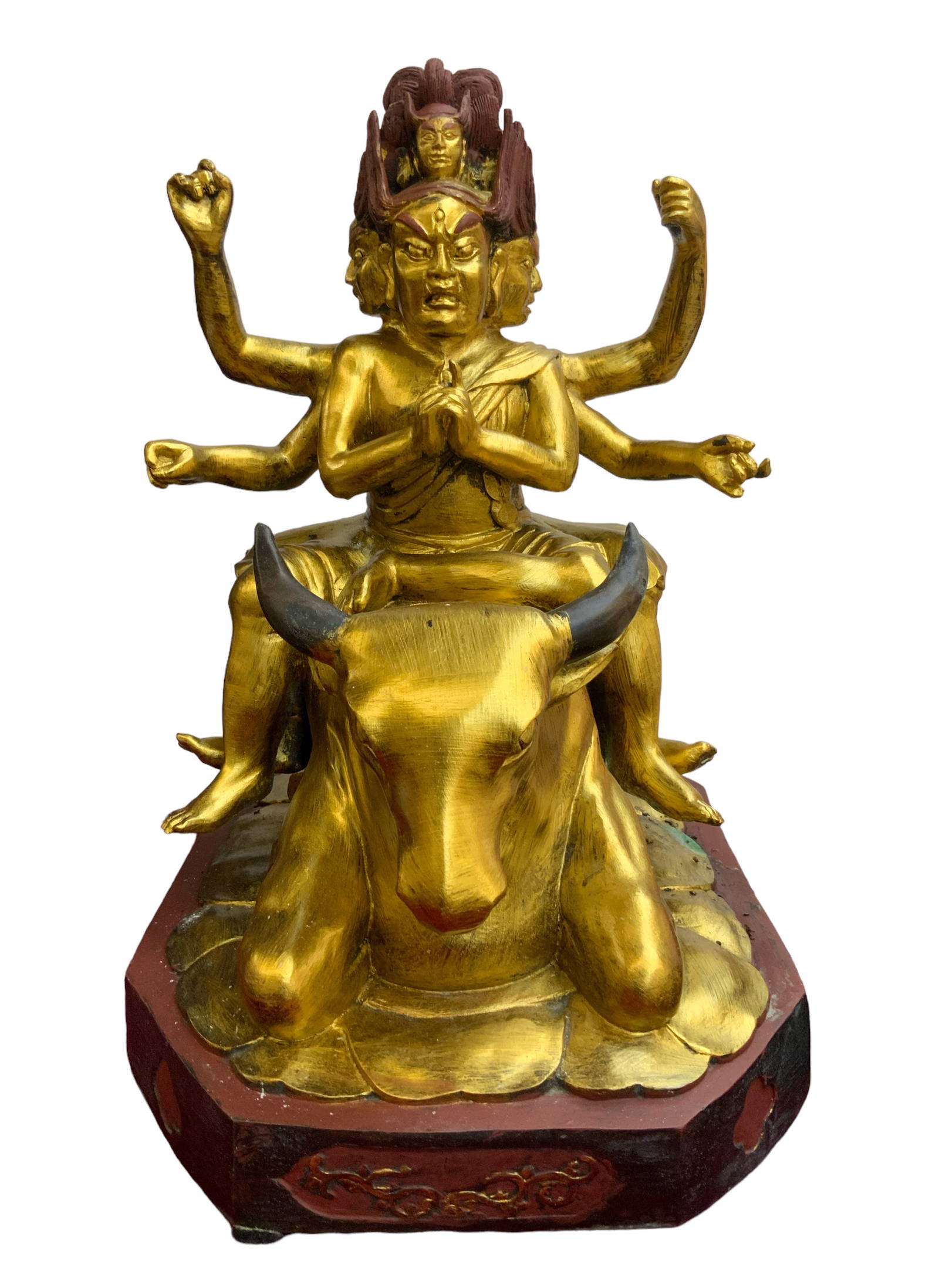 Bronze Gold Painted God Riding Ox Figure. Auction