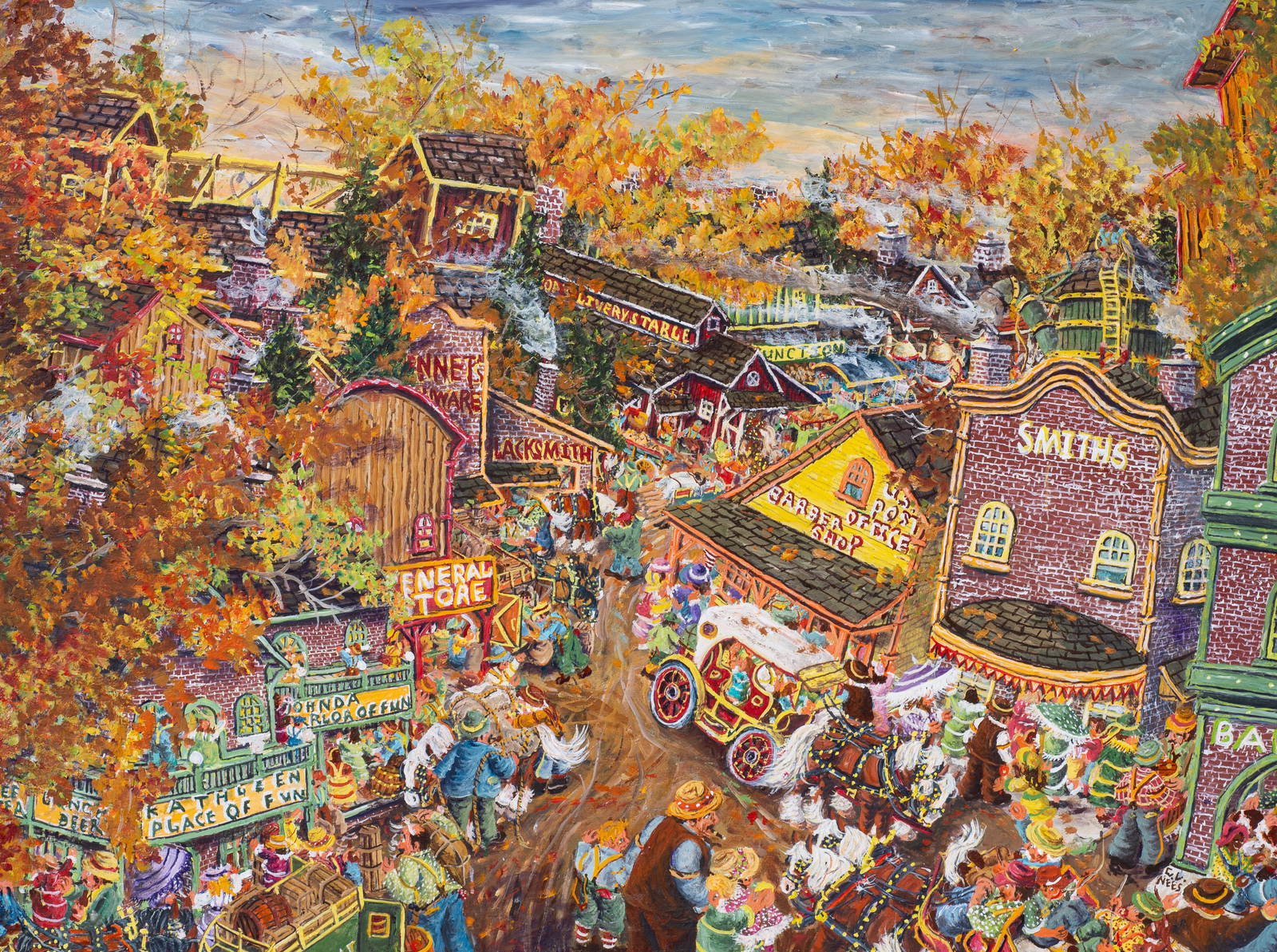 Large Village Painting, Gerald Lee Nees. Auction