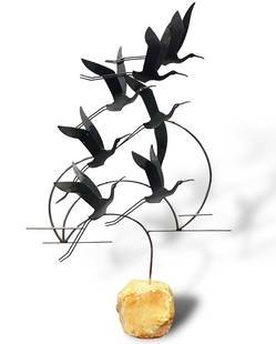 Curtis Jere Metal Crane Sculpture With Stone Base.