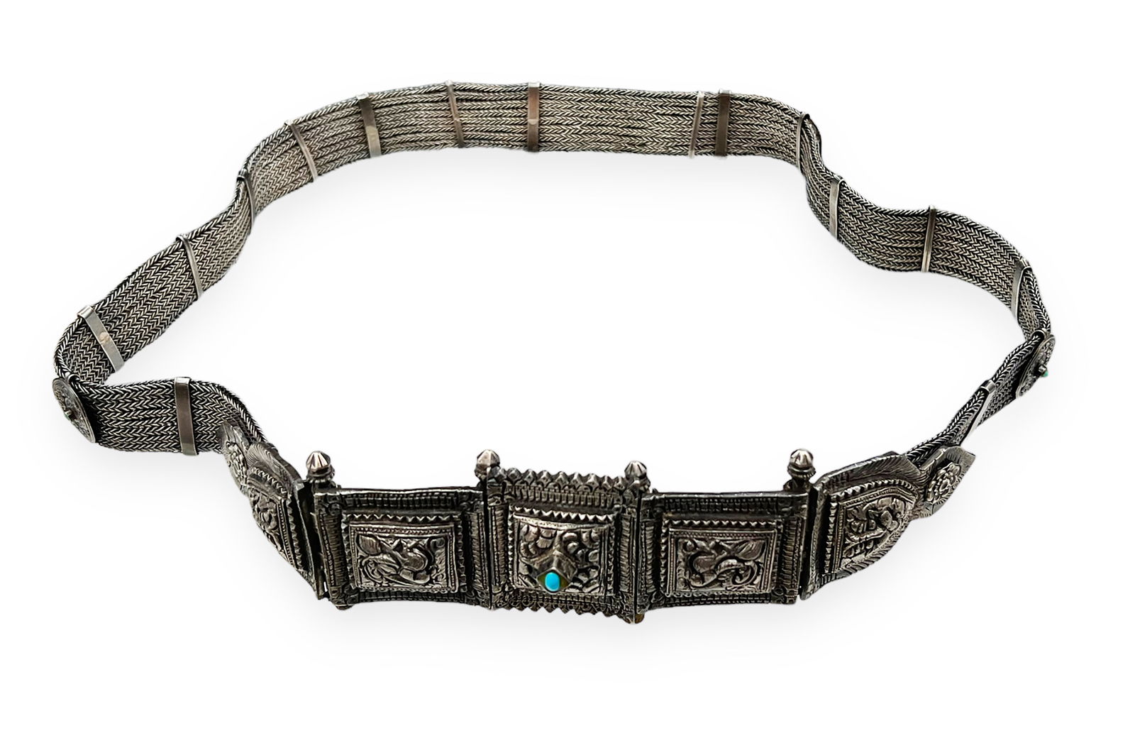Ornate Silver Belt With Turquoise Details. Auction