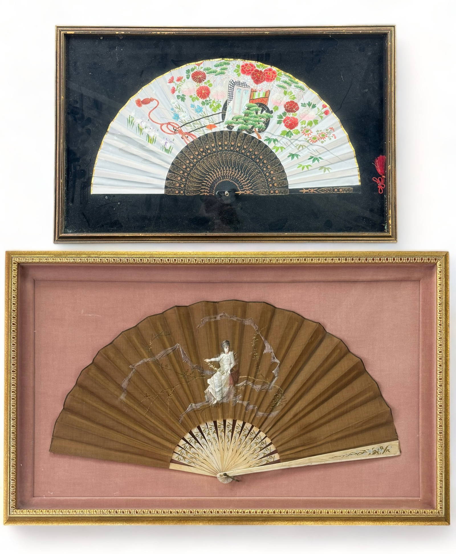 Lot Of 2 Framed Asian Handpainted Fans. Auction