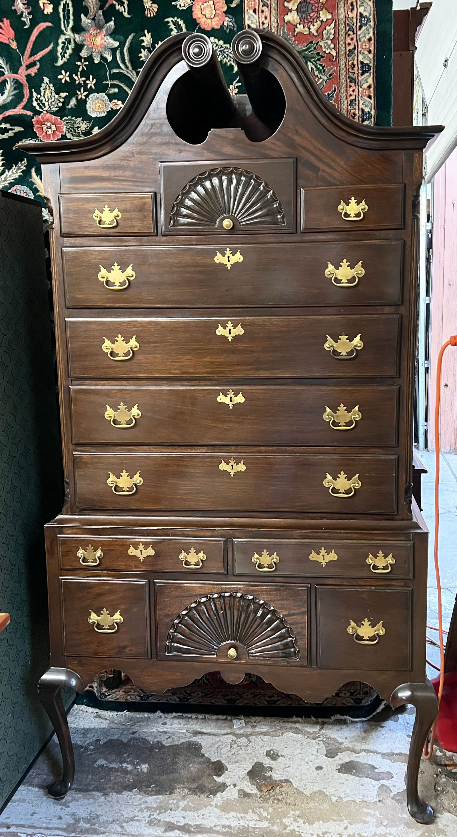 Antique Queen Anne Bonnet Top Highboy. Auction