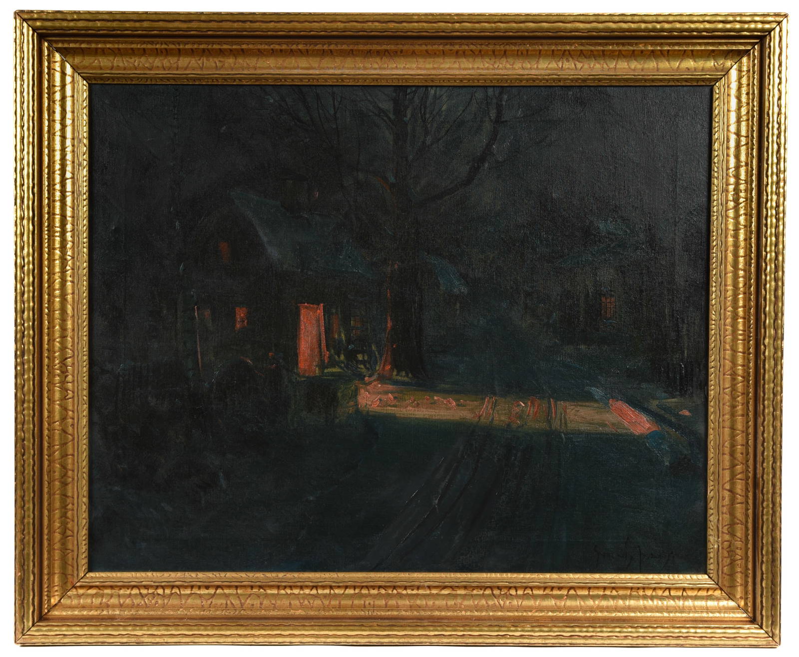 Nighttime Winter Scene Painting, Svend Svendsen. Auction