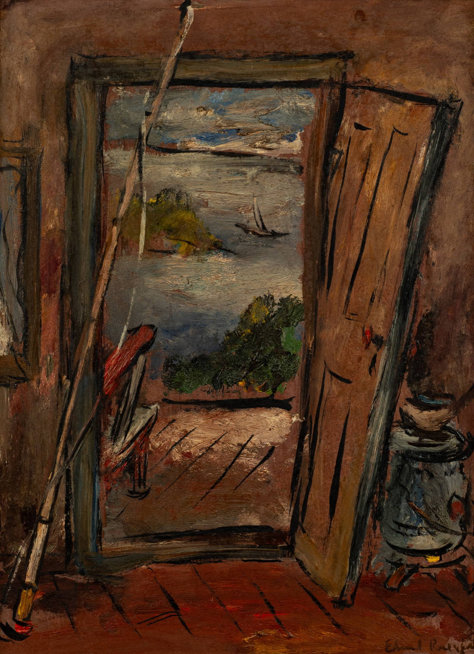 Lakeside Cabin, Painting By Edward Rosenfeld. Auction