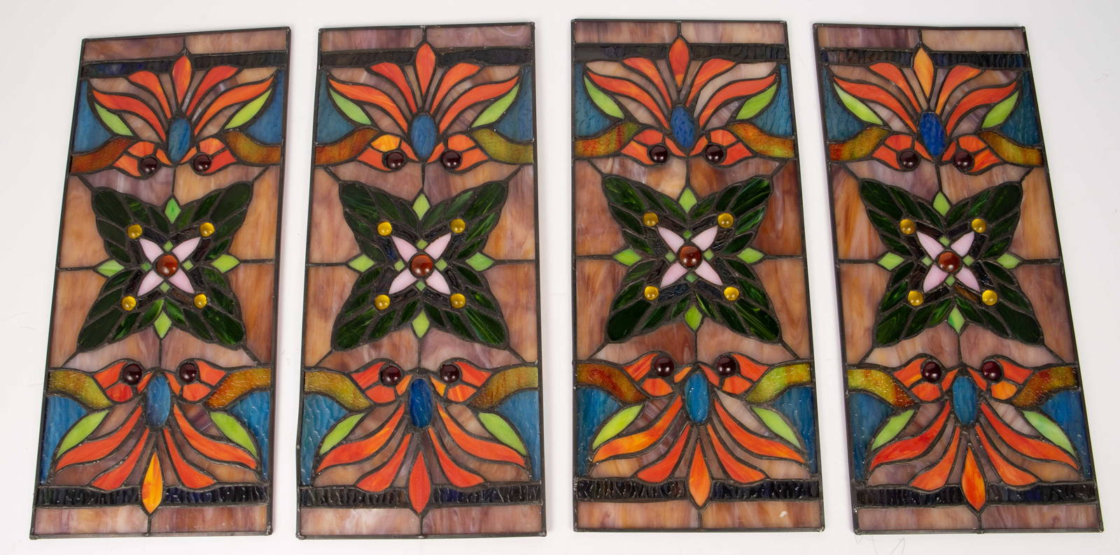 Lot: 4 Small Stained Glass Windows W/ Floral Motif Auction