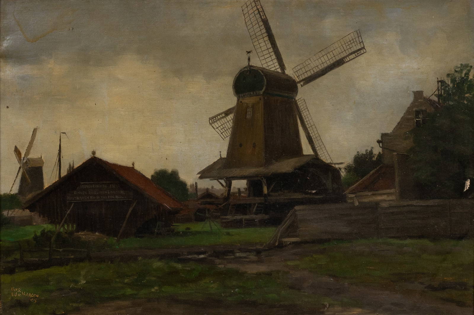Antique Dutch Windmill Painting, Dirk Van Haaren. Auction