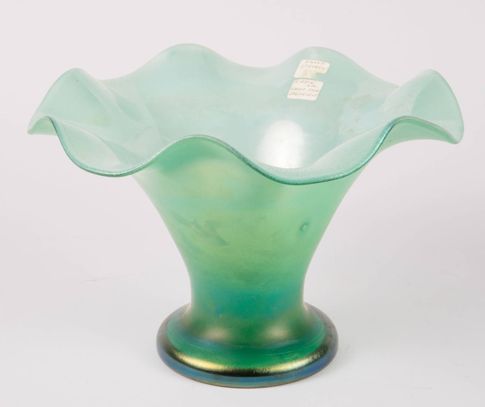 Steuben Iridescent Jade Crystal Ruffled Rim Bowl. Auction