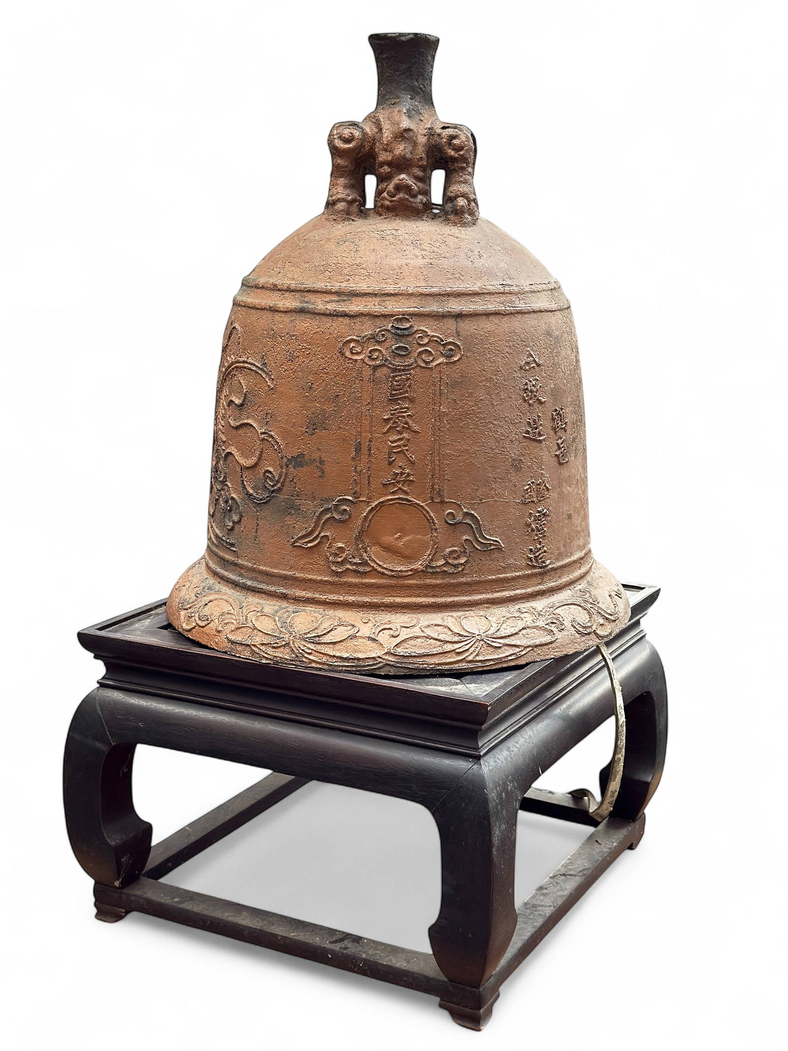 Large Old Chinese Cast Iron Temple Bell W/ Stand. Auction