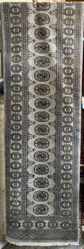 2' 8" X 9' 10" Grey Bokhara Pattern Wool Rug.