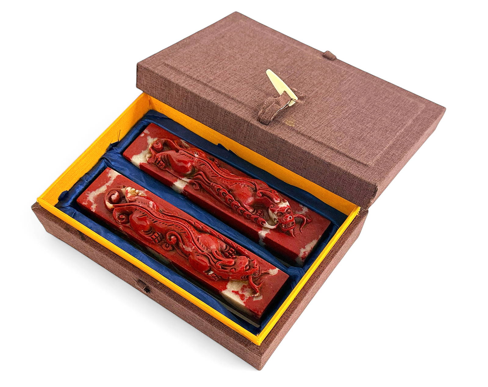 Pr Of Carved Chinese Red Stone Dragon Paperweights Auction