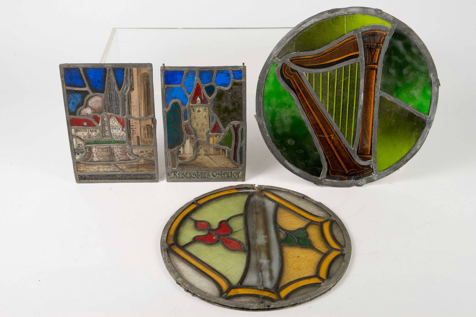 Lot Of 4 Small Stained Glass Windows & Panels. Auction
