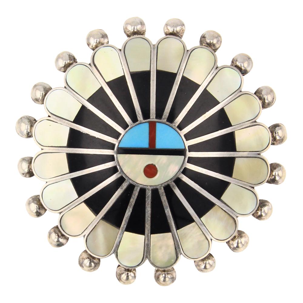 Zuni Turquoise Coral Mussel Shell & Jet Sun Face Pin / Pendant - Sep 03 ...