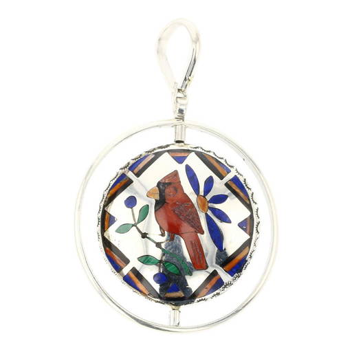 Quentin Quam Sr. Zuni Inlay Double Sided Humming Bird & Cardinal Pendant
