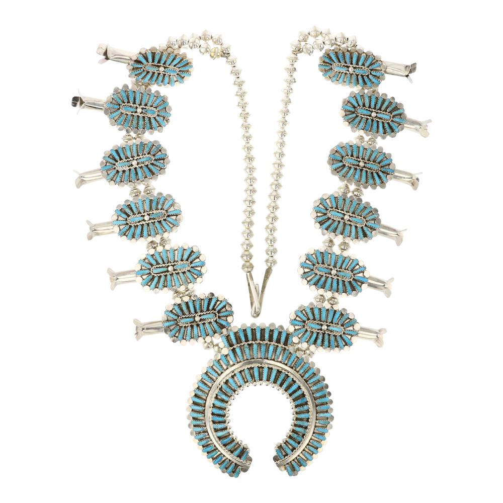 Lavell Byjoe Navajo Kingman Turquoise Cluster Squash Blossom Necklace ...