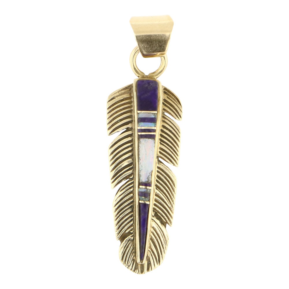 Navajo 14k Gold Sugilite & Opal Inlay Feather Pendant Auction