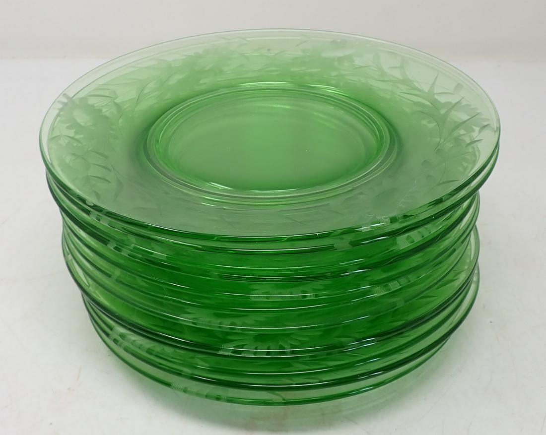 12 Green Depression Glass Plates