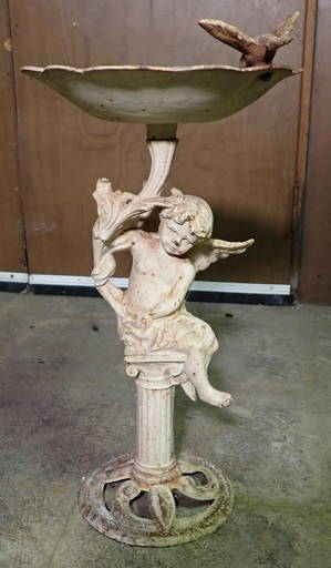 Cast Iron Bird Bath W/ Cherub & Hummingbird