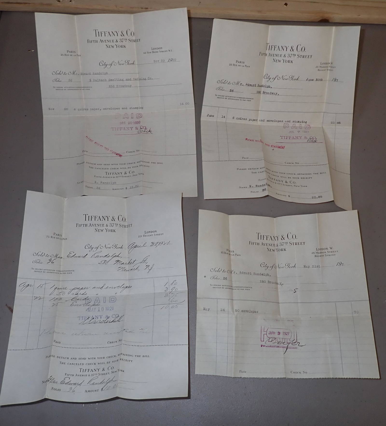 1920's & 1930 Tiffany & Co Receipts Auction