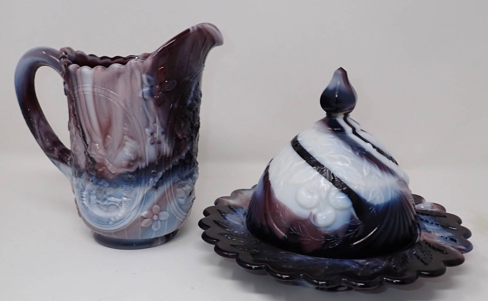 Slag Glass Butter Dish & Windmill Pitcher Auction