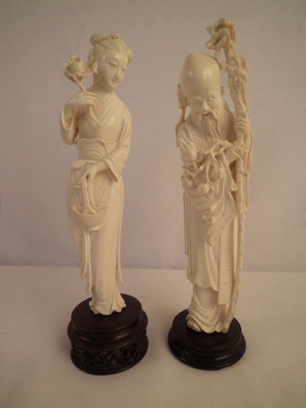 PAIR CARVED BONE CHINESE FIGURES