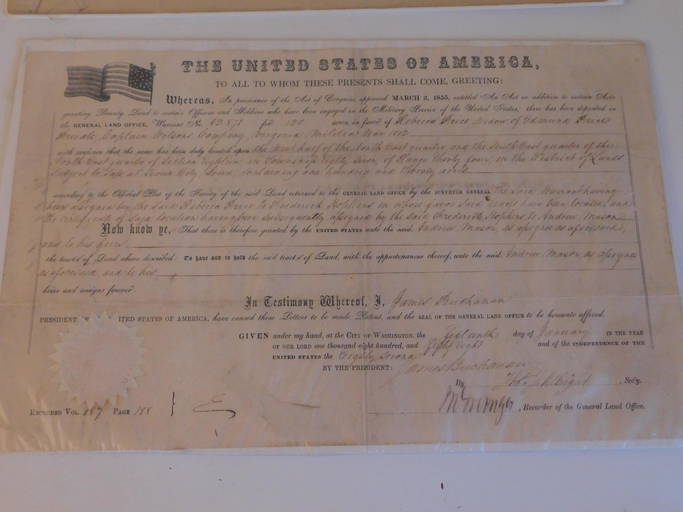 Pres. James Buchanan Signed Land Grant