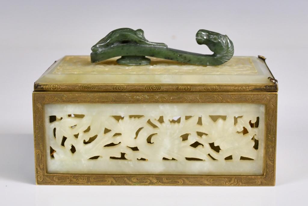 Bronze-mounted Jade Box W/jade Hook Finial 1950-70 Auction