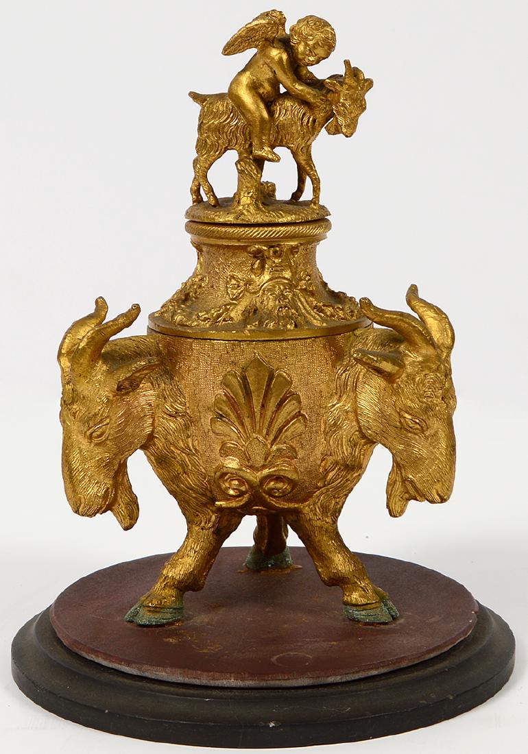 Bronze Inkwell with Rams Heads and Cherub