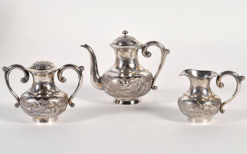 3 Piece Chinese Silver Tea Set In Display Box
