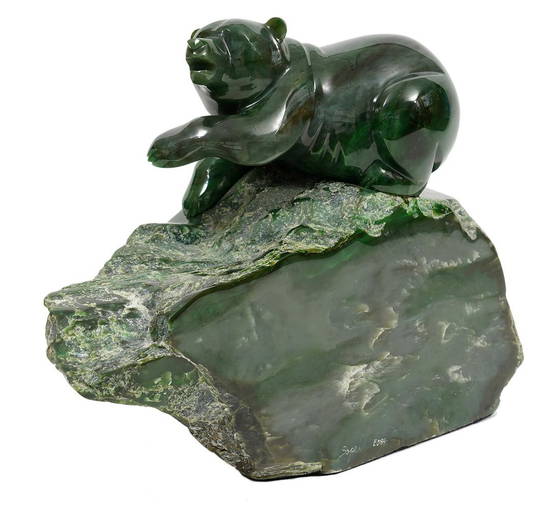 Lyle Sopel Jade Sculpture Of Bear On Rock