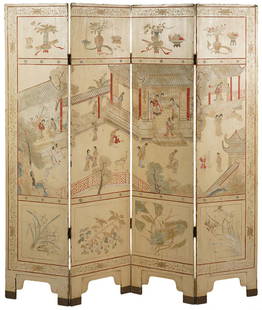 Antique Chinese 4 Panel Carved & Painted Screen