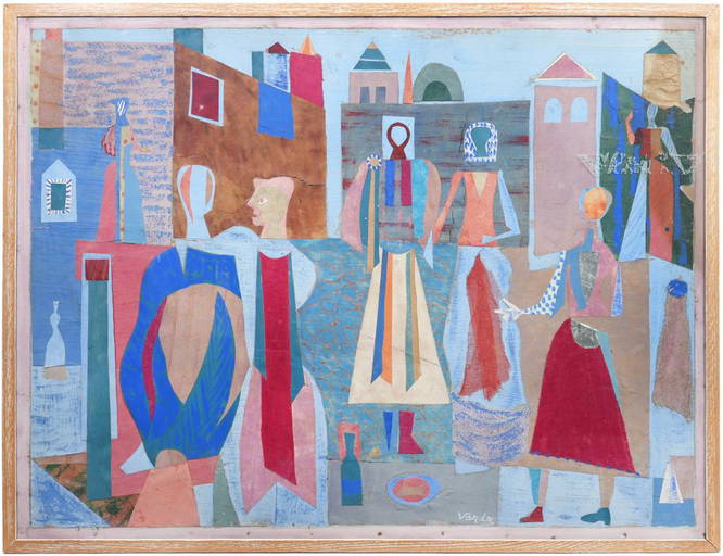 Jean Varda 'street Scene' Mixed Media Painting