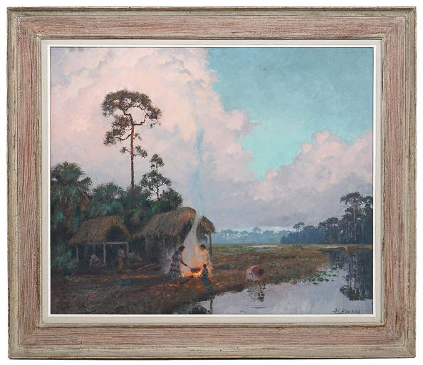 Rare Beanie Backus 'seminoles Campfire' Oil Painting