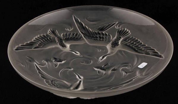 Signed Verlys Frosted Glass Bowl W/ Birds & Fish