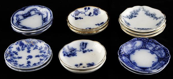 668: 14 Flow Blue Butter Pats Duchess, Paris, Colonial