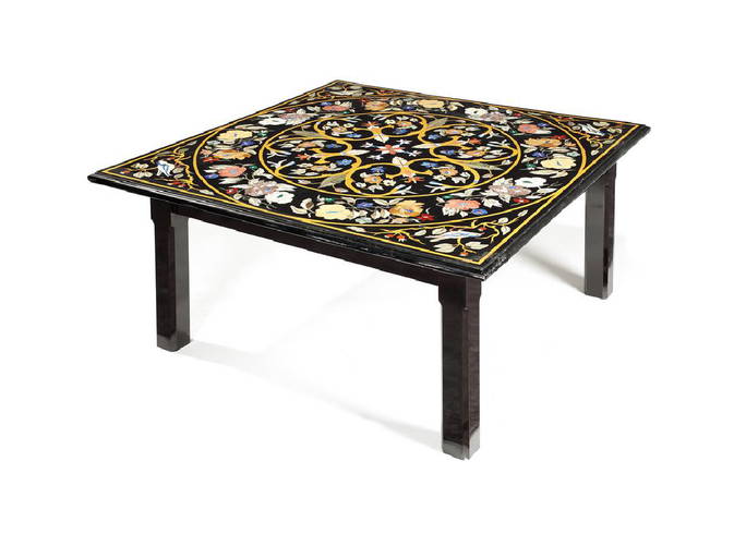 A 17thc. Style Pietre Dure Table Slab On Ebonised Base