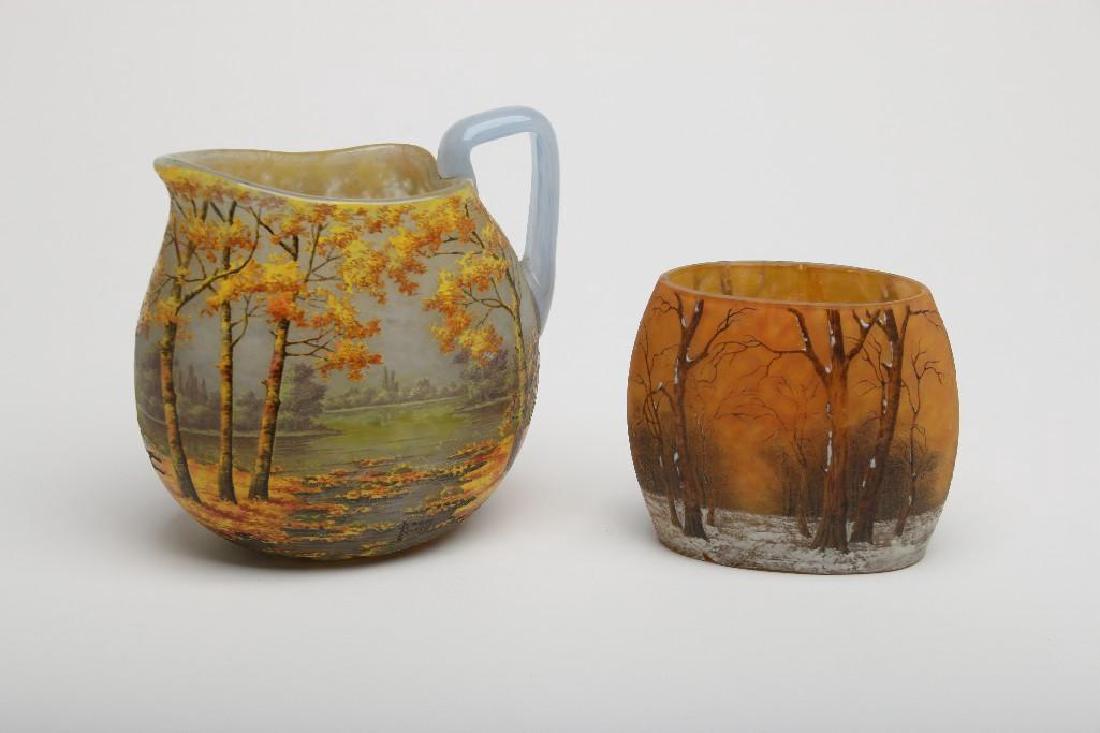 Daum French Enameled Etched Glass Pitcher and Vase