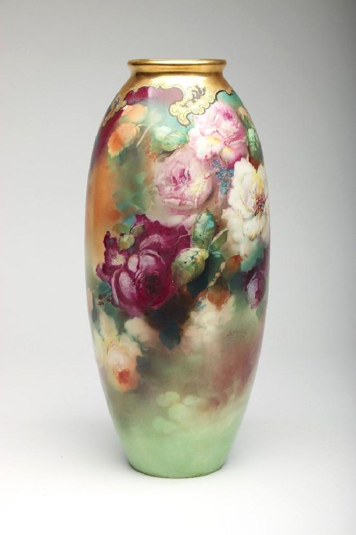 Seidel Hand Painted Roses Limoges Porcelain 18 in. Vase