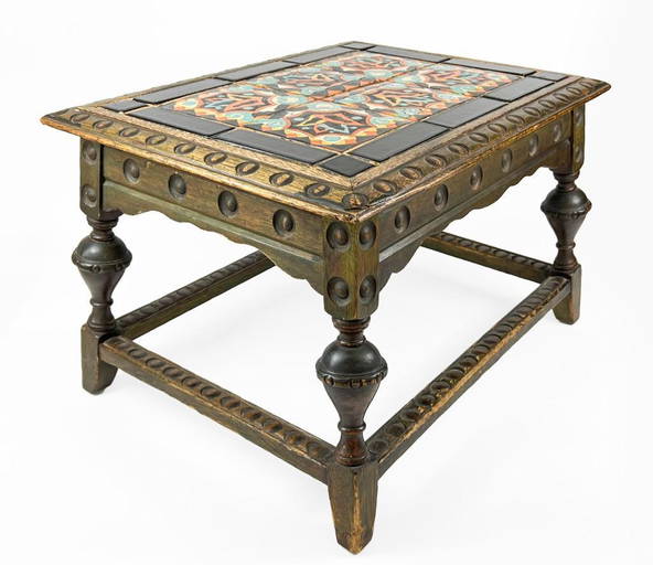 1930s California Black And Orange Tile Top Side Table W/ Carved Frame