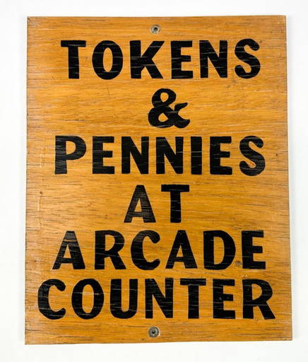 Vintage Hand Painted Wood Carnival Sign Tokens And Pennies At Arcade ...