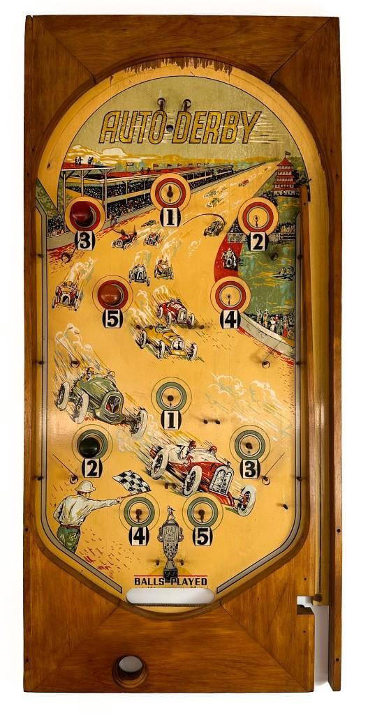 Pre-war Board Track Race Cars Pinball Playfield, Auto Derby 1937 Auction