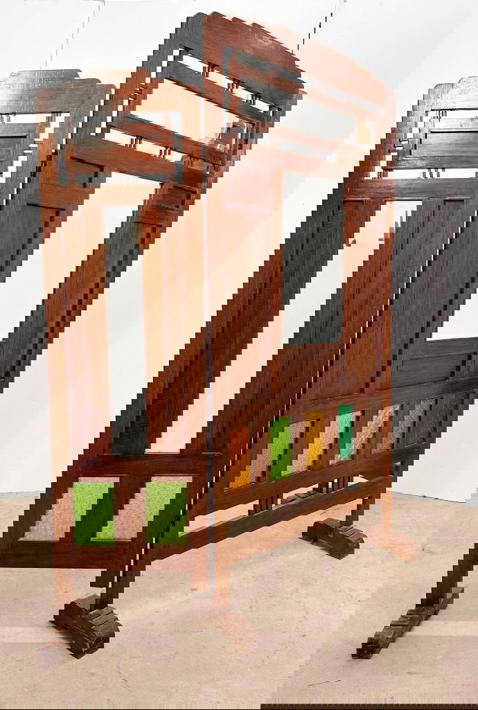 Antique Arts And Crafts Room Divider W/ Slag Glass Panels Auction