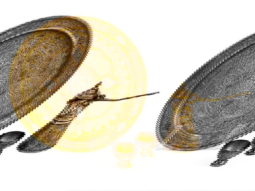 4 Pc Antique Syrian Brass, Copper & Silver Hand Wrought Plate Coffee ...